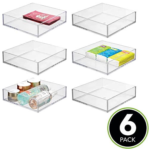 mDesign Plastic Bathroom Bin Tray - Square Storage Organizer for Vanity, Drawer, Dresser, Table - Perfect Countertop Tray for Organizing Makeup, Hand Soap, and More - Prism Collection - 6 Pack - Clear