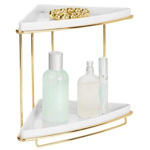 mdesign steel/plastic freestanding countertop corner shelf organizer with 2-tier storage for bathroom, vanity, cabinet, counter - holds makeup, bath gel - prism collection - white/soft brass