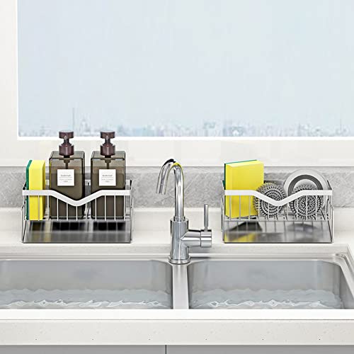 Kitchen Sink Caddy Sponge Holder , 304 Stainless Steel Kitchen Soap Dispenser Caddy Organizer - Quick Draining, Stainless Steel Tray - Holds Sponge, Dish Soap Dispenser, Cleaning Towel, Scrubber