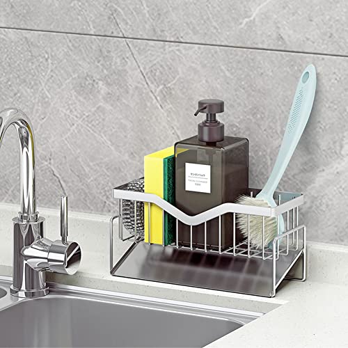 Kitchen Sink Caddy Sponge Holder , 304 Stainless Steel Kitchen Soap Dispenser Caddy Organizer - Quick Draining, Stainless Steel Tray - Holds Sponge, Dish Soap Dispenser, Cleaning Towel, Scrubber