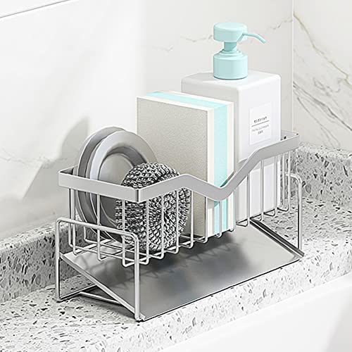 Kitchen Sink Caddy Sponge Holder , 304 Stainless Steel Kitchen Soap Dispenser Caddy Organizer - Quick Draining, Stainless Steel Tray - Holds Sponge, Dish Soap Dispenser, Cleaning Towel, Scrubber