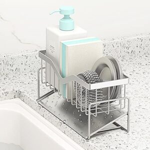 Kitchen Sink Caddy Sponge Holder , 304 Stainless Steel Kitchen Soap Dispenser Caddy Organizer - Quick Draining, Stainless Steel Tray - Holds Sponge, Dish Soap Dispenser, Cleaning Towel, Scrubber