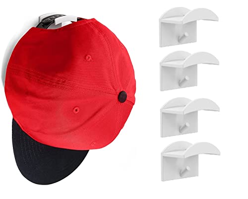 EZB Adhesive Hat Hooks for Wall - Floating, Hidden, Double Hook Hat Mounts for Fitted & Snapback Hats (4 Pack, Pearl White)