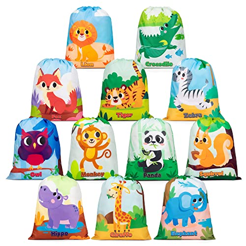 Mocoosy 12 Pack Animal Party Favor Drawstring Bags for Kids Birthday Supplies, Animal Backpack String Bags for Boys Girls, Jungle Gift Goodie Treat Bags for Party Baby Shower School Travel Storage Bag