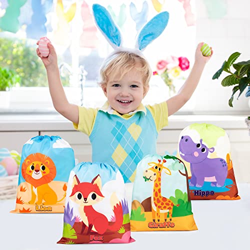 Mocoosy 12 Pack Animal Party Favor Drawstring Bags for Kids Birthday Supplies, Animal Backpack String Bags for Boys Girls, Jungle Gift Goodie Treat Bags for Party Baby Shower School Travel Storage Bag