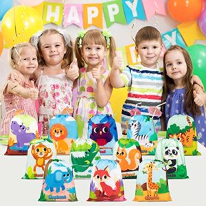 Mocoosy 12 Pack Animal Party Favor Drawstring Bags for Kids Birthday Supplies, Animal Backpack String Bags for Boys Girls, Jungle Gift Goodie Treat Bags for Party Baby Shower School Travel Storage Bag