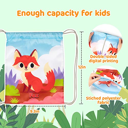 Mocoosy 12 Pack Animal Party Favor Drawstring Bags for Kids Birthday Supplies, Animal Backpack String Bags for Boys Girls, Jungle Gift Goodie Treat Bags for Party Baby Shower School Travel Storage Bag