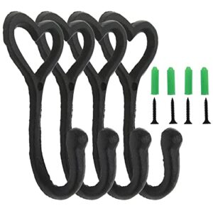 hananona 4 pcs decorative wall hooks coat towel hook, heart shaped key bag hanger coat hooks cast iron vintage holder, bath kitchen garage hanging scarf cap cup hat purse robes hook (4, black)