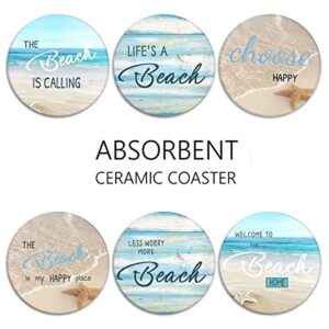 Coaster for Drinks Set of 6, Antique Teal Blue Wood Beach Absorbent Round Ceramic Stone Mat, with Cork Base and Metal Holder, Gift for Housewarming Room Bar Decor