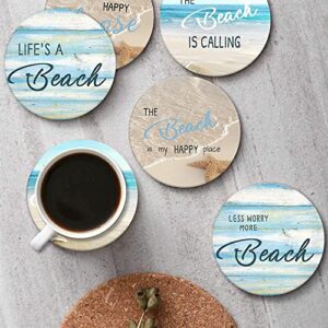 Coaster for Drinks Set of 6, Antique Teal Blue Wood Beach Absorbent Round Ceramic Stone Mat, with Cork Base and Metal Holder, Gift for Housewarming Room Bar Decor