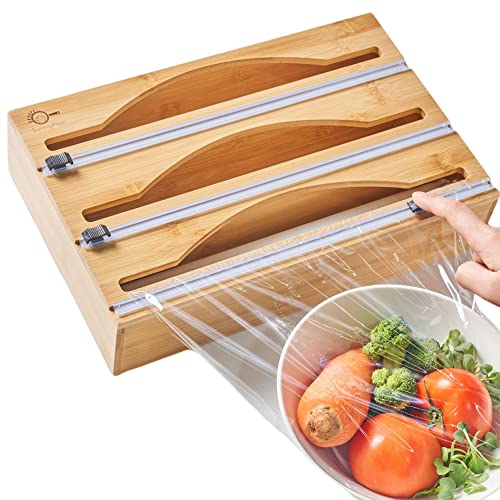 SunnyPlan Plastic Wrap Dispenser with Cutter - 3 in 1 Foil and Plastic Wrap Organizer – Bamboo Drawer Organizer Compatible with 12 inch Wrap Rolls – Installation Hardware Included