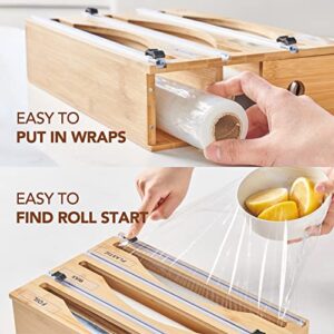 SunnyPlan Plastic Wrap Dispenser with Cutter - 3 in 1 Foil and Plastic Wrap Organizer – Bamboo Drawer Organizer Compatible with 12 inch Wrap Rolls – Installation Hardware Included