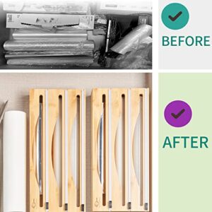 SunnyPlan Plastic Wrap Dispenser with Cutter - 3 in 1 Foil and Plastic Wrap Organizer – Bamboo Drawer Organizer Compatible with 12 inch Wrap Rolls – Installation Hardware Included