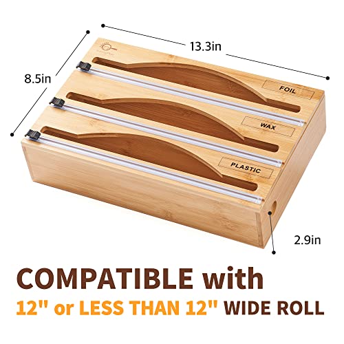 SunnyPlan Plastic Wrap Dispenser with Cutter - 3 in 1 Foil and Plastic Wrap Organizer – Bamboo Drawer Organizer Compatible with 12 inch Wrap Rolls – Installation Hardware Included