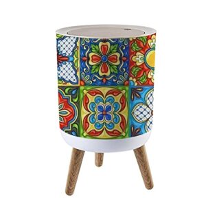 ojnr36wkpd small trash can with lid mexican talavera ceramic tile ethnic folk ornament italian pottery wood legs press cover garbage 8.67x14.3inch