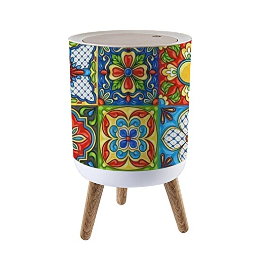 OJNR36WKPD Small Trash Can with Lid Mexican Talavera Ceramic Tile Ethnic Folk Ornament Italian Pottery Wood Legs Press Cover Garbage 8.67x14.3inch