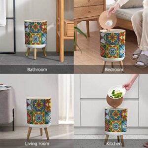 OJNR36WKPD Small Trash Can with Lid Mexican Talavera Ceramic Tile Ethnic Folk Ornament Italian Pottery Wood Legs Press Cover Garbage 8.67x14.3inch