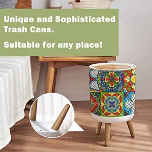 OJNR36WKPD Small Trash Can with Lid Mexican Talavera Ceramic Tile Ethnic Folk Ornament Italian Pottery Wood Legs Press Cover Garbage 8.67x14.3inch