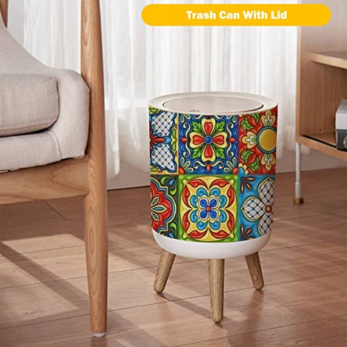 OJNR36WKPD Small Trash Can with Lid Mexican Talavera Ceramic Tile Ethnic Folk Ornament Italian Pottery Wood Legs Press Cover Garbage 8.67x14.3inch