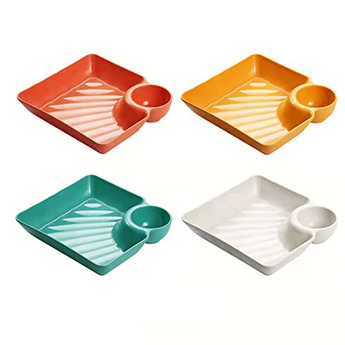 Haifle Chip And Dip Set, 7.2inch Square Japanese Sushi Plates Reusable BPA-Free Plastic Divided Serving Dish Trays For Dessert, Salad, Sushi, Fruits, Veggie, Snacks-4-Set