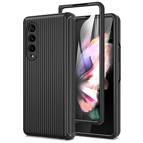 MAKAVO for Samsung Galaxy Z Fold 3 5G Case with Hinge Protection, Built-in Tempered Glass Screen Protector, Slim Fit 3D Non-Slip Texture 360 Degree Shockproof Phone Cover (Black)