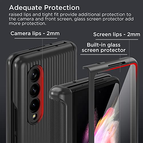 MAKAVO for Samsung Galaxy Z Fold 3 5G Case with Hinge Protection, Built-in Tempered Glass Screen Protector, Slim Fit 3D Non-Slip Texture 360 Degree Shockproof Phone Cover (Black)