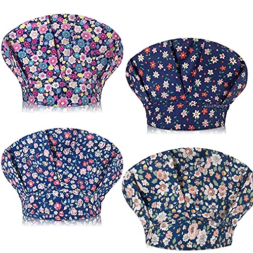 niaahinn 4PCS Adjustable Bouffant Scrub Hats with Button & Sweatband Cotton Working Cap Cartoon Printing Nurse Hats (32001-32077-32096-32109)