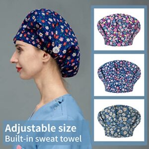 niaahinn 4PCS Adjustable Bouffant Scrub Hats with Button & Sweatband Cotton Working Cap Cartoon Printing Nurse Hats (32001-32077-32096-32109)