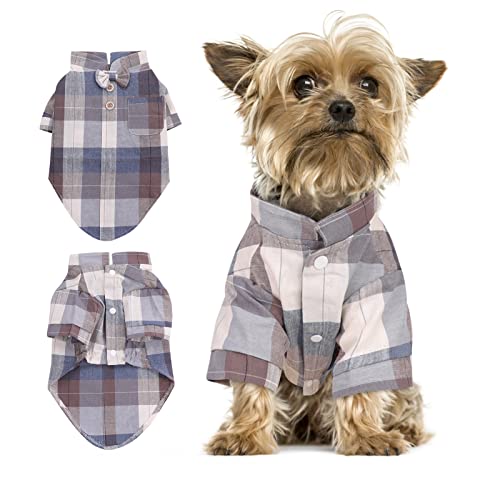 Dog Shirt, Plaid Dog Clothes Boy Girl Outfit with Bow Tie, Casual Cozy Cat Shirt Clothes Tee, Breathable Pet Apparel Polo Puppy T-Shirt, Spring Fashion Coat for Small Medium Dogs, M