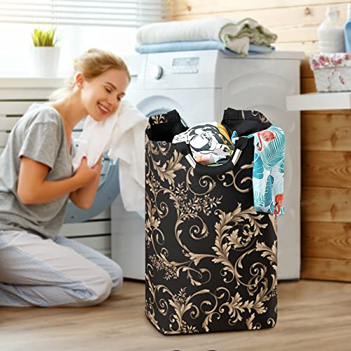 susiyo Large Laundry Basket Gold Black Baroque Pattern, 22.7inch Laundry Bag Hamper Collapsible Storage Bin with Handles