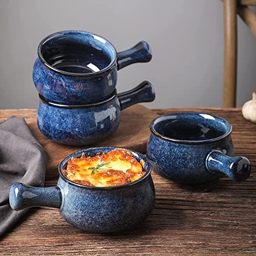 vicrays French Onion Soup Bowls With Handles, 26 Ounce for Soup, Chili, Beef Stew, Chip Resistant, Dishwasher Microwave Safe, Set of 4 (Strary Blue)