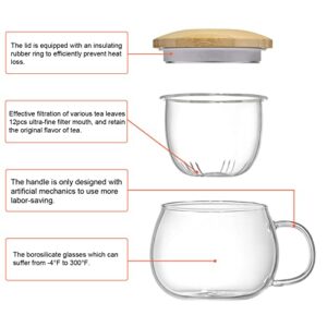 Glass Tea Infuser Cup Gift Set, Glass Teacups with Removable Strainer and Bamboo Lid for Steeping Blooming Tea, Loose Leaf Tea, Lead-free, Microwave & Dishwasher Safe,13oz/380ml