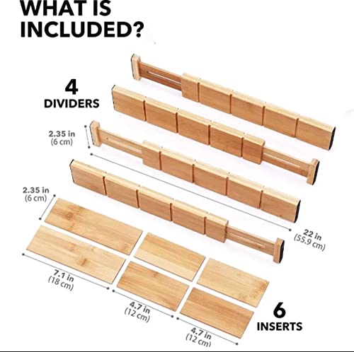 NK Home Goods Expandable Bamboo Drawer Divider (17x22 in), Adjustable Kitchen Organizer for Office, Home, and Closets. 4 Dividers 6 Inserts. (Free 12x24 Liner)