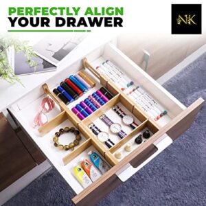 NK Home Goods Expandable Bamboo Drawer Divider (17x22 in), Adjustable Kitchen Organizer for Office, Home, and Closets. 4 Dividers 6 Inserts. (Free 12x24 Liner)