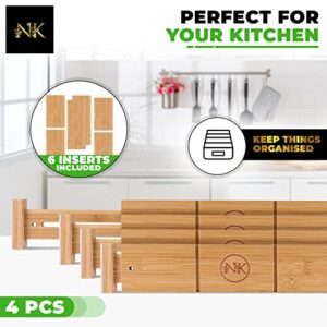 NK Home Goods Expandable Bamboo Drawer Divider (17x22 in), Adjustable Kitchen Organizer for Office, Home, and Closets. 4 Dividers 6 Inserts. (Free 12x24 Liner)