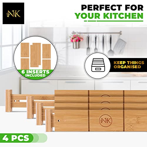 NK Home Goods Expandable Bamboo Drawer Divider (17x22 in), Adjustable Kitchen Organizer for Office, Home, and Closets. 4 Dividers 6 Inserts. (Free 12x24 Liner)