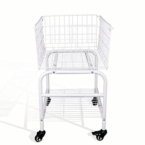 laundry cart with basket for storage,laundry basket with wheels, metal basket,metal rack,white color (white)