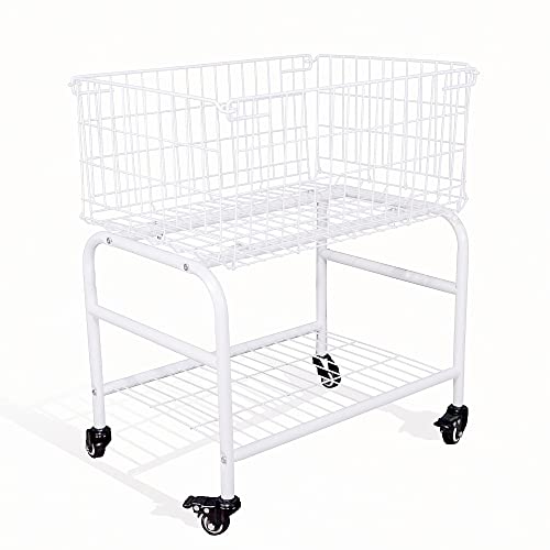 laundry cart with basket for storage,laundry basket with wheels, metal basket,metal rack,white color (white)