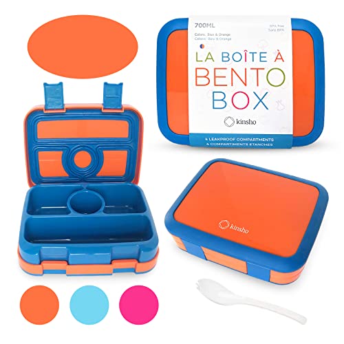 kinsho Bento Lunch Box for Kids Toddlers Boys, 5 Portion Sections Secure Lid, Microwave Safe BPA Free Removable Tray, Pre-School Kid Daycare Lunches Snack Container Ages 3 to 5, Blue Orange