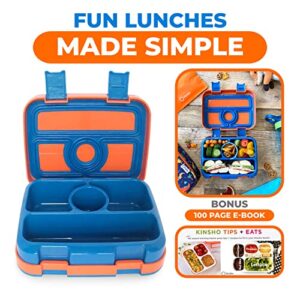 kinsho Bento Lunch Box for Kids Toddlers Boys, 5 Portion Sections Secure Lid, Microwave Safe BPA Free Removable Tray, Pre-School Kid Daycare Lunches Snack Container Ages 3 to 5, Blue Orange