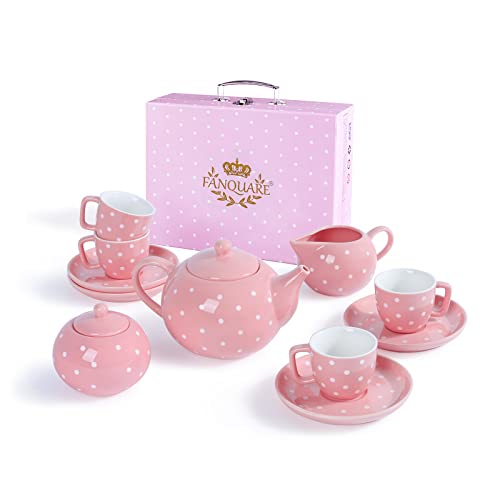 fanquare Play Tea Set for Little Girls, Polka Dot Porcelain Tea Set, Tea Gift Set for Holiday, Pink Tea Set