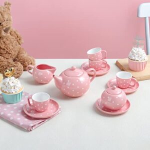 fanquare Play Tea Set for Little Girls, Polka Dot Porcelain Tea Set, Tea Gift Set for Holiday, Pink Tea Set