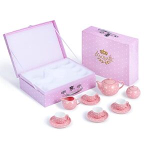 fanquare Play Tea Set for Little Girls, Polka Dot Porcelain Tea Set, Tea Gift Set for Holiday, Pink Tea Set