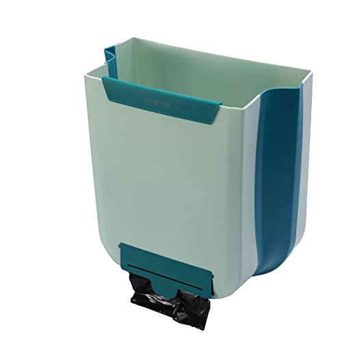 Hangningo Hanging Kitchen Trash Can, Foldable Waste Bin for Kitchen, Collapsible Hang Small Plastic Garbage Can 9.9L for Cabinet/Car/Bedroom/Bathroom (Green)