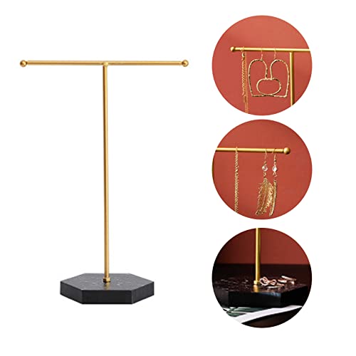 Jewelry Stand Display Necklace Holder T-Bar Plated Metal Tabletop Jewelry Organizer Tower for Show Jewelry Hanging Pendant Earring Bracelet Ring Accessorie with Black Marble Plywood Bases.