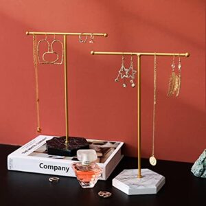 Jewelry Stand Display Necklace Holder T-Bar Plated Metal Tabletop Jewelry Organizer Tower for Show Jewelry Hanging Pendant Earring Bracelet Ring Accessorie with Black Marble Plywood Bases.