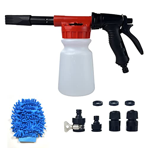 AQTZGOS Snow Foam Gun Foam Gun, Pressure Washer Car Wash Snow Foam Gun Adjustable Pressure Washer, Car Cleaning Attached to Garden Hose Snow Foam Gun (with Car Wash Gloves, Quick Coupler) (Red)