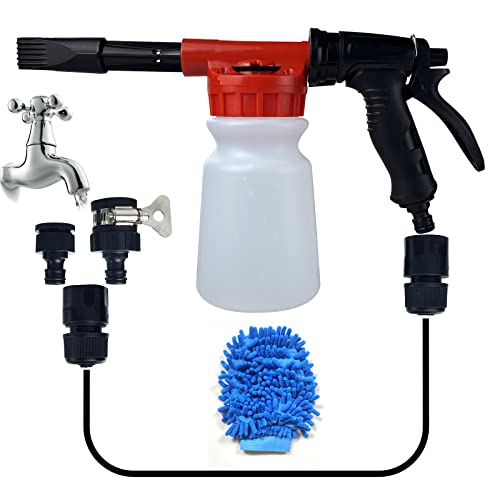 AQTZGOS Snow Foam Gun Foam Gun, Pressure Washer Car Wash Snow Foam Gun Adjustable Pressure Washer, Car Cleaning Attached to Garden Hose Snow Foam Gun (with Car Wash Gloves, Quick Coupler) (Red)