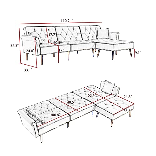 WILLIAMSPACE Green Sectional Couches for Living Room, Sectional Sofa with Recliner, Convertible L-Shaped Sofa with Sleeper, Comfy Velvet L-Shape 3 Seats Sofa and Pillows for Small Spaces