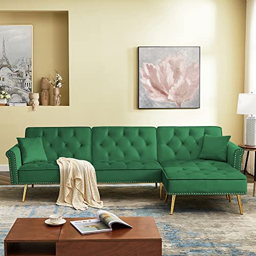 WILLIAMSPACE Green Sectional Couches for Living Room, Sectional Sofa with Recliner, Convertible L-Shaped Sofa with Sleeper, Comfy Velvet L-Shape 3 Seats Sofa and Pillows for Small Spaces